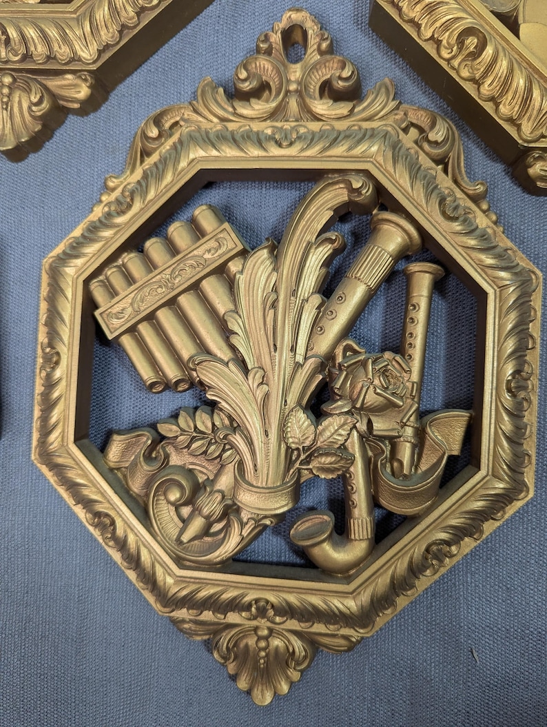 Vtg MCM 70s Music Instruments Wall Art Homco 4 Gold Plaques Complete ...