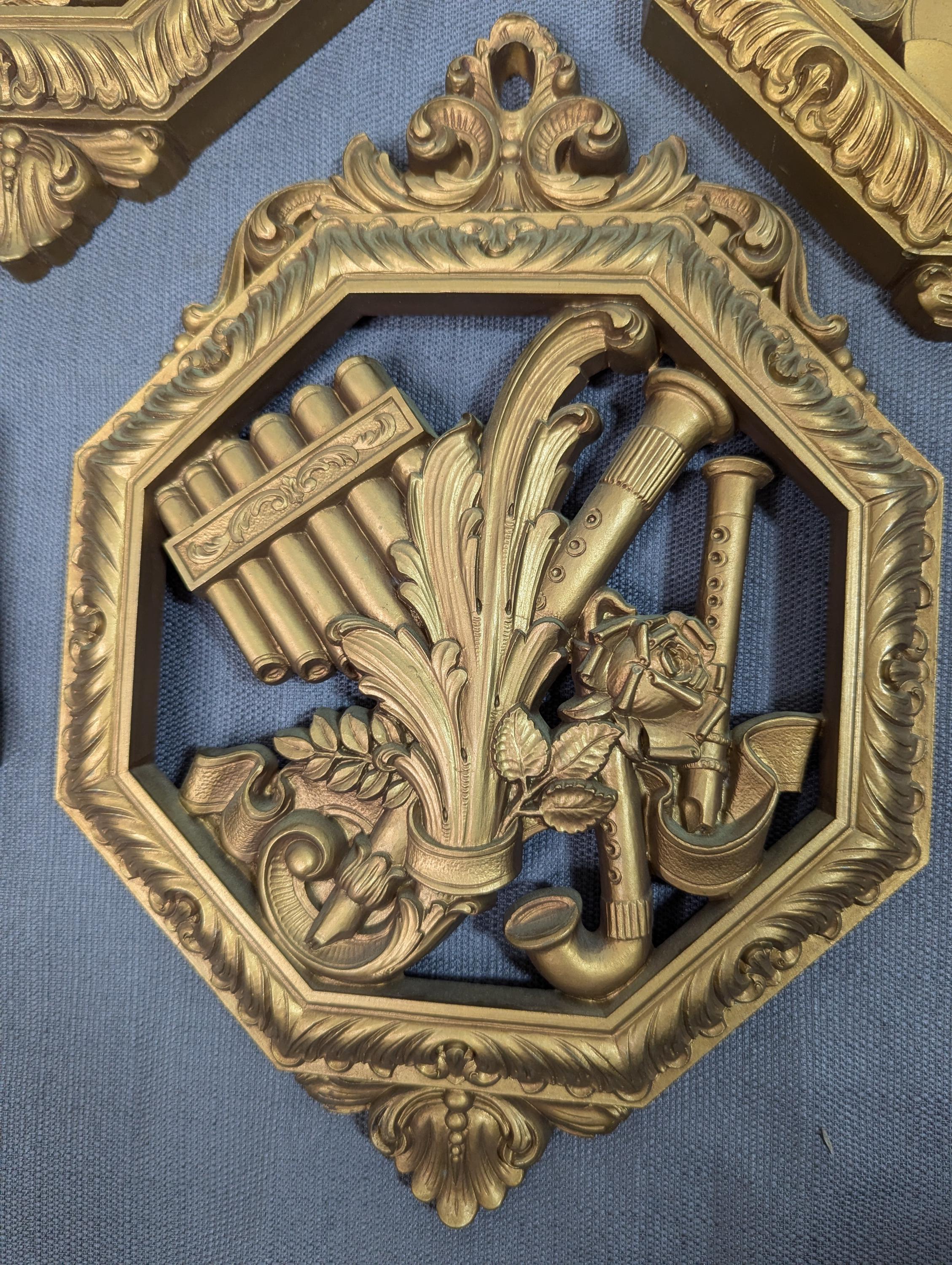 Vtg MCM 70s Music Instruments Wall Art Homco 4 Gold Plaques Complete ...