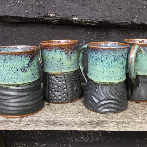 Turquoise Coffee Mug With Carved Texture - Etsy
