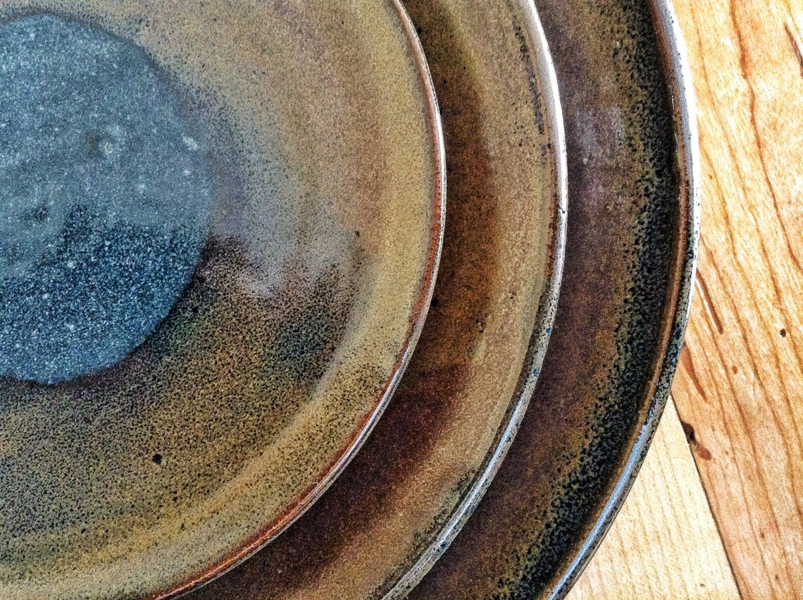 Blue Pottery Plates Dinnerware Set Slate Blue and Brown 5 - Etsy