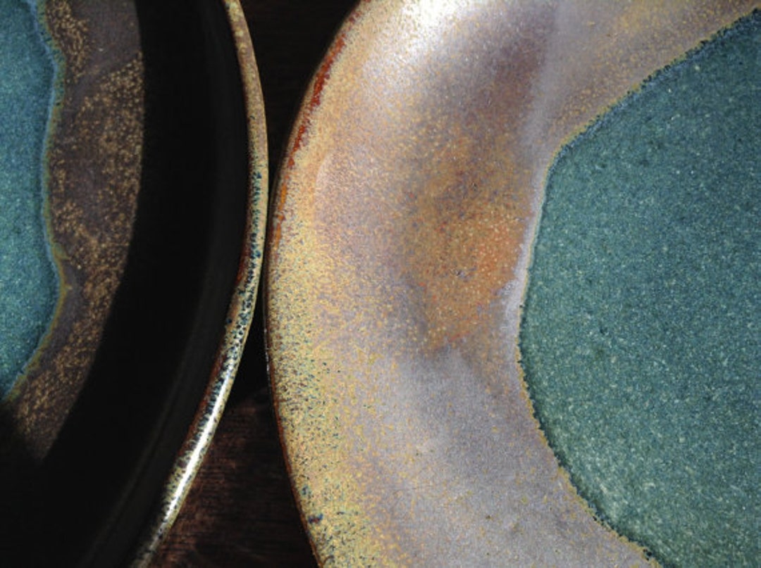 Blue Pottery Plates, Dinnerware Set, Slate Blue and Brown 5 Piece Place ...