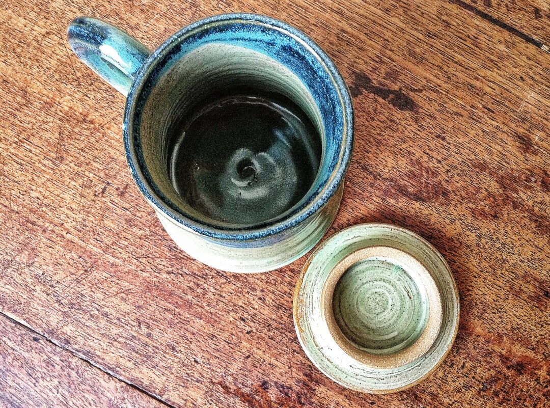 Handmade Pottery Tea Mug With Lid: Sage Green & Blue Steeping Mug - Etsy
