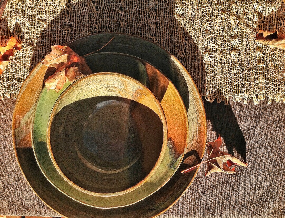Handmade Pottery Dinnerware Set: Sage Green and Brown, 1 Place Setting ...