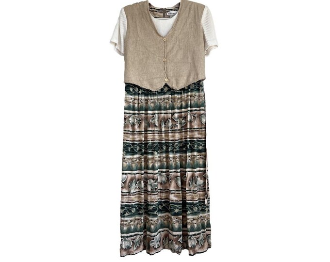 Vintage 90s Faux Shirt/vest Combo Dress Maxi Midi Green, Brown, Tan Sz ...