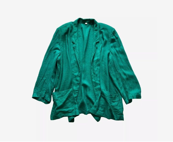 Teal Turquoise Linen/cotton Open Front Unstructured Casual Blazer ...