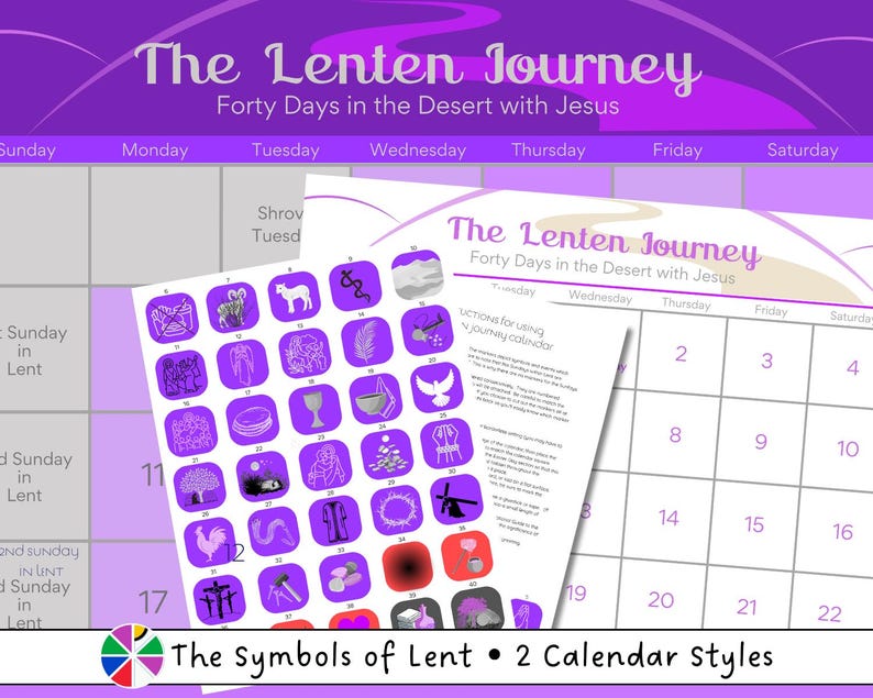 Printable Lenten Liturgical Calendar With Symbols of Lent and Forty ...