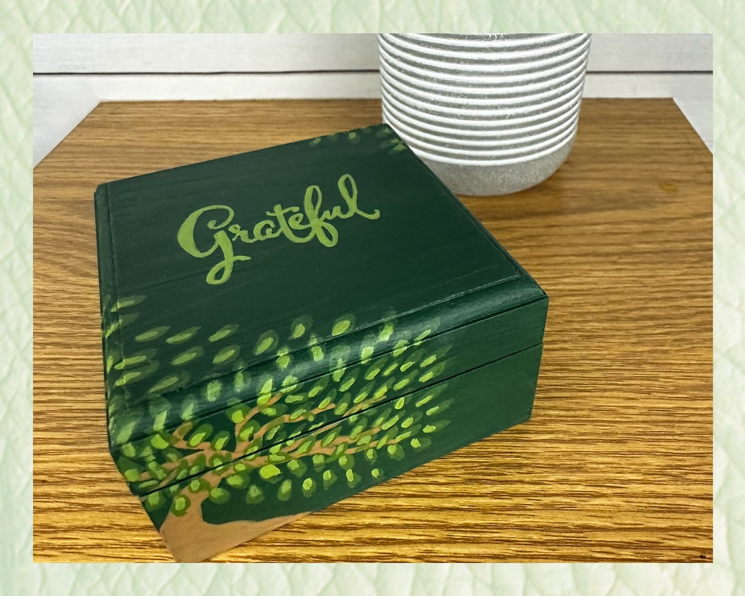 Gratitude Box Small Green Hand-painted Box With Green Leafy Tree Design ...