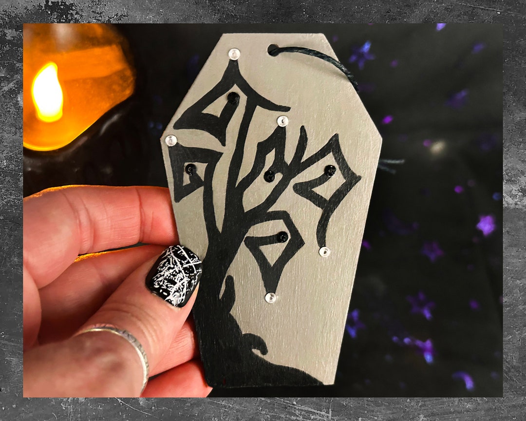 Halloween Ornament With Creepy Tree and Gems | Hand-painted Coffin ...