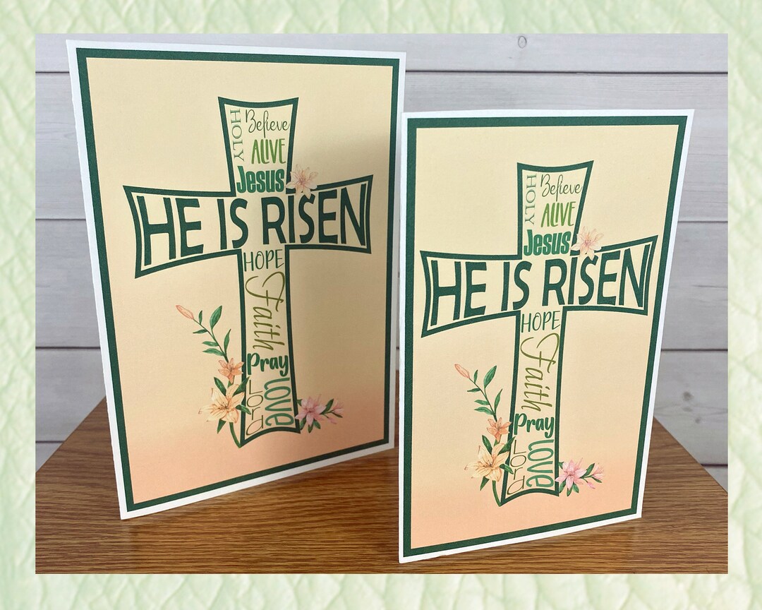 He is Risen Easter Word Art Printable Greeting Card - Green Cross With ...