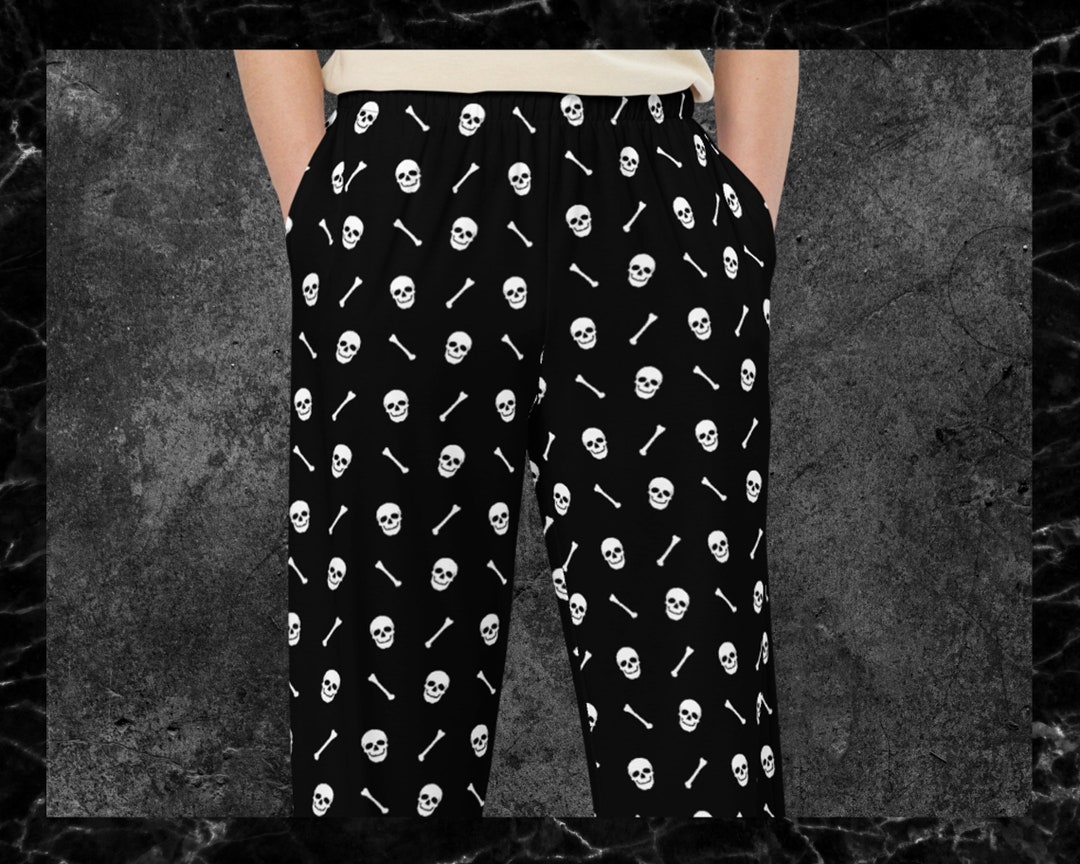 Skulls & Bones Pattern Comfy Wide Leg Pants | Halloween Goth Wide-leg ...