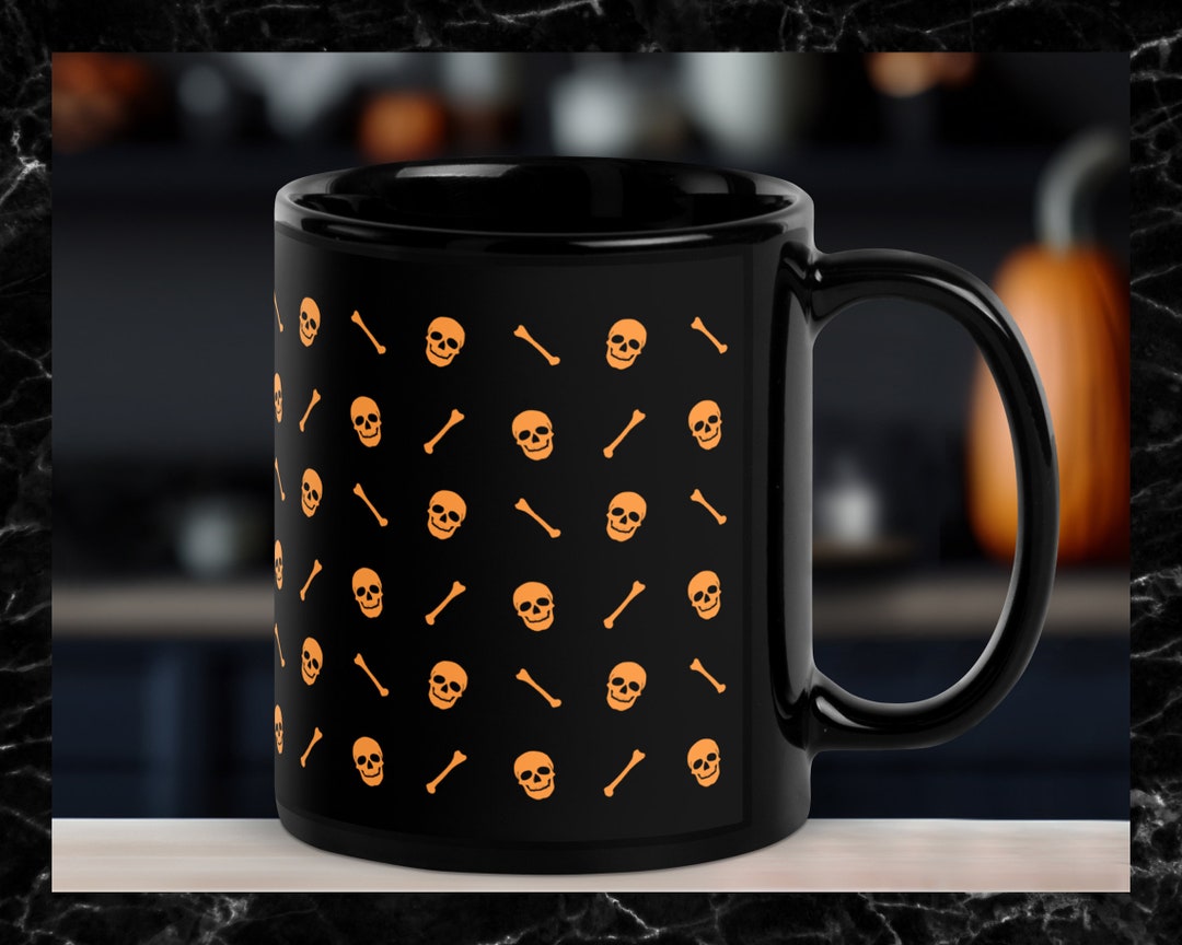 Skulls and Bones Pattern Mug | Black Glossy Halloween Goth Mug | 7 ...