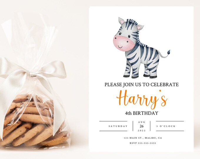 Editable Zebra Invitation, Jungle Birthday, Minimalistic Modern Zebra ...