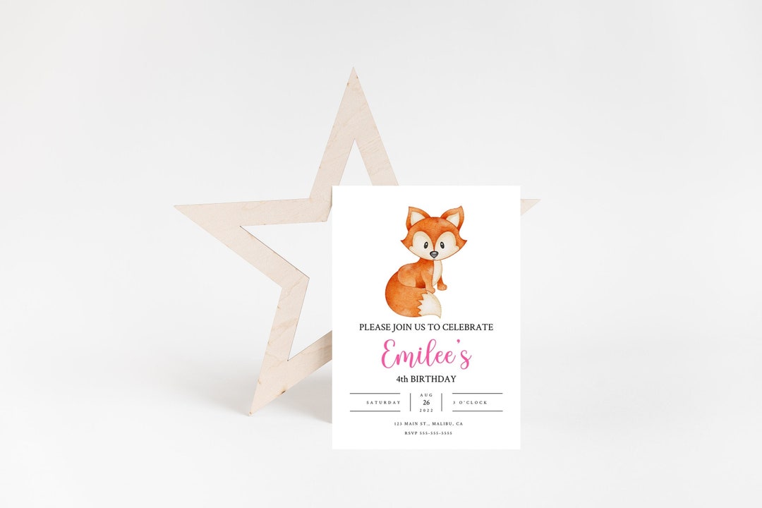 Editable Fox Invitation, Forest Birthday, Minimalistic Modern Fox ...