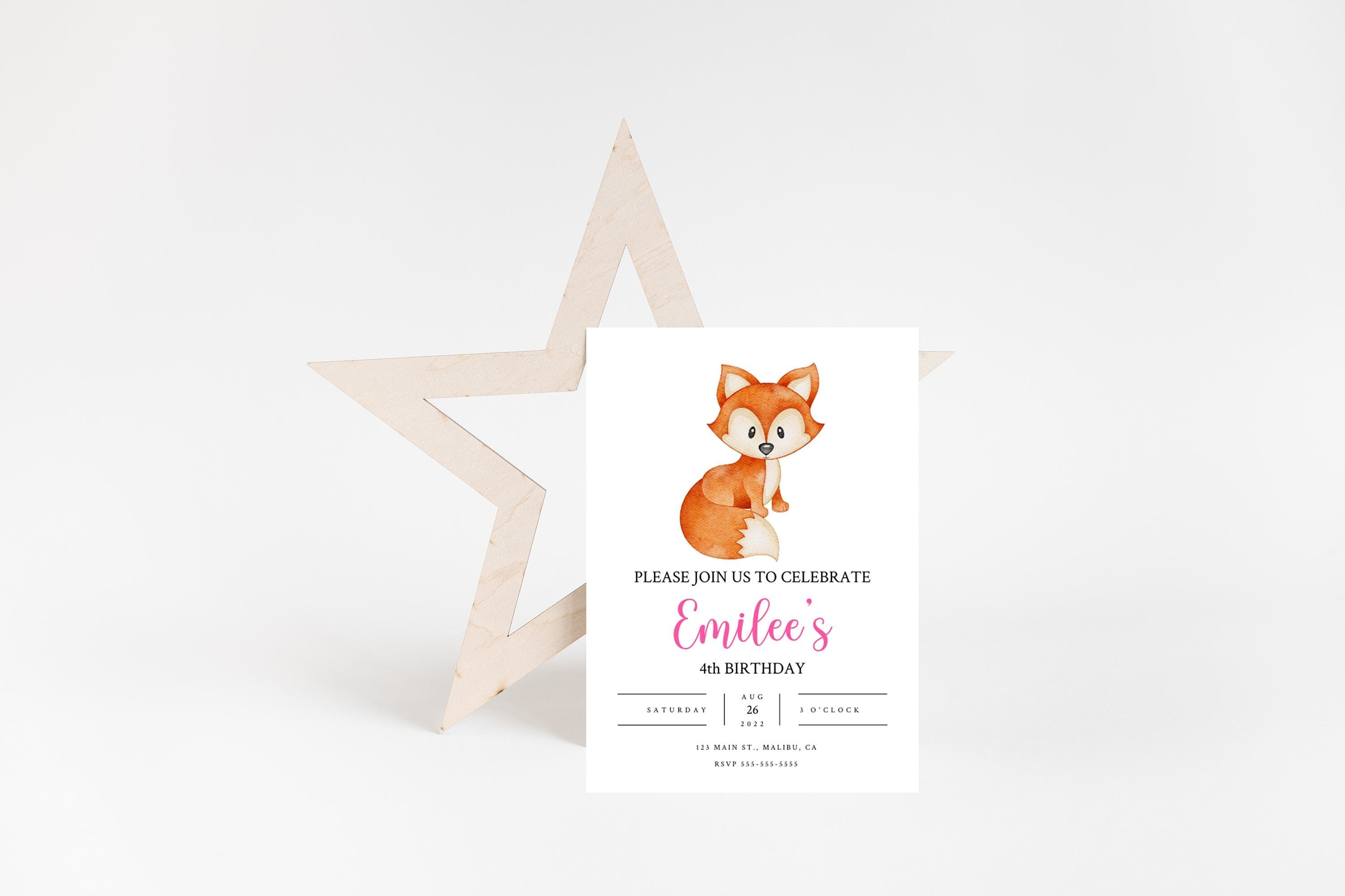 Editable Fox Invitation, Forest Birthday, Minimalistic Modern Fox ...