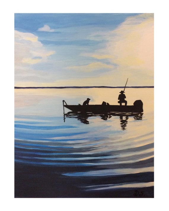 Fisherman and Dog in Boat Art Print Nautical Decor | Etsy