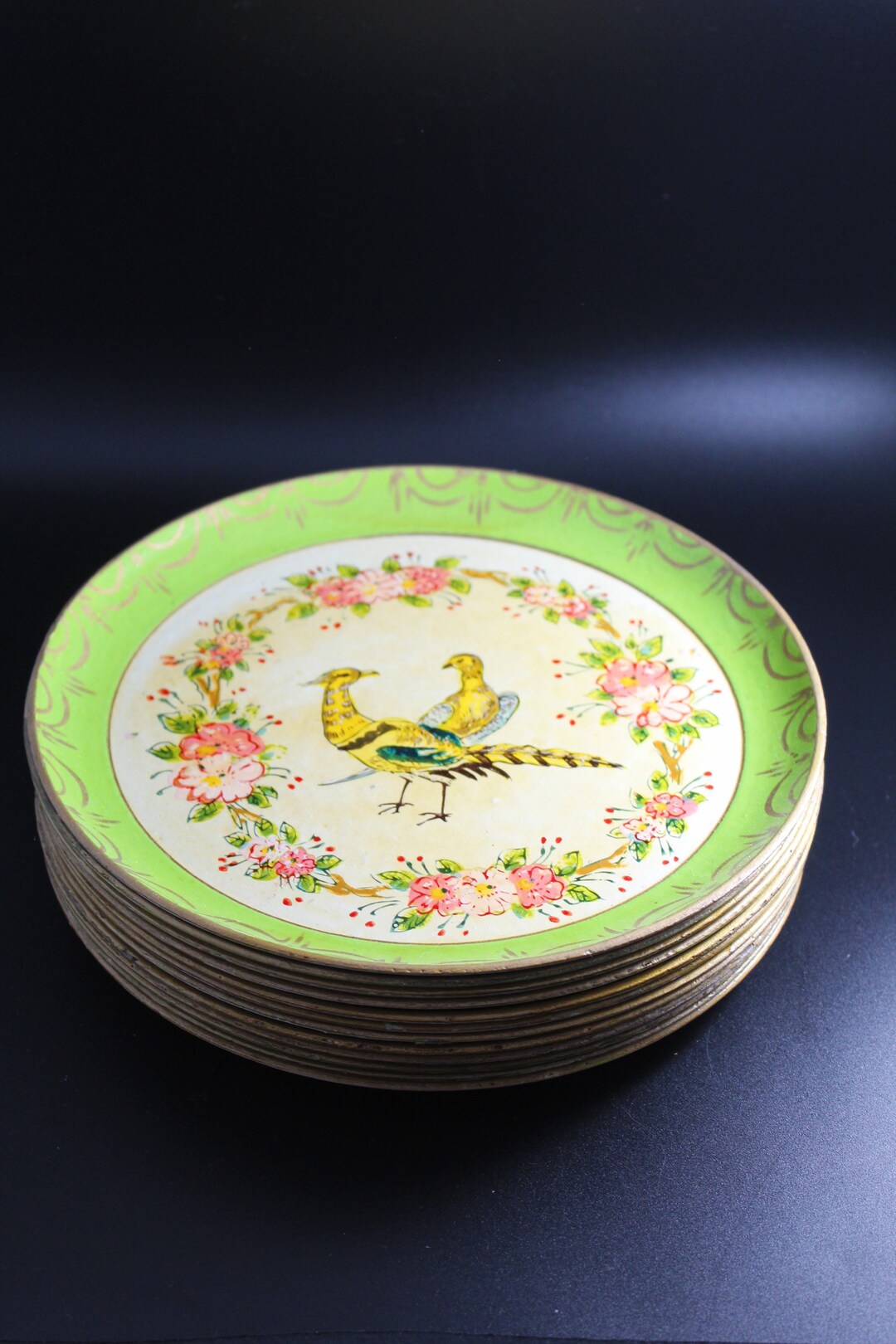 Vibrant Set of 12 Paper Mache Bridge Plates With Bird and Flowers - Etsy