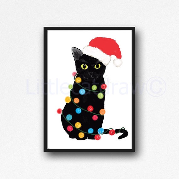 Black Cat Covered in Christmas Lights Print Unframed - Etsy