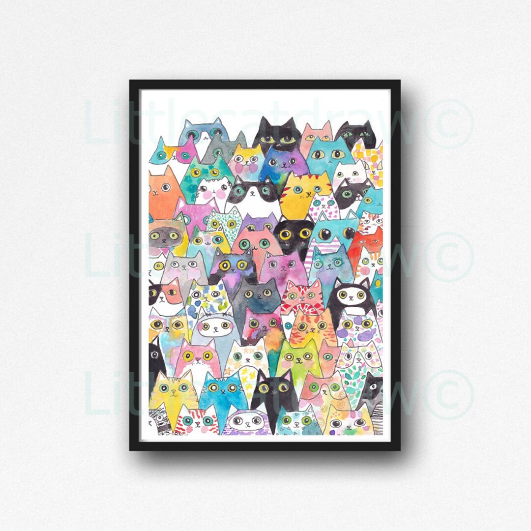 Rainbow Cats Poster Print Colorful Kitties Watercolor Painting Cute ...
