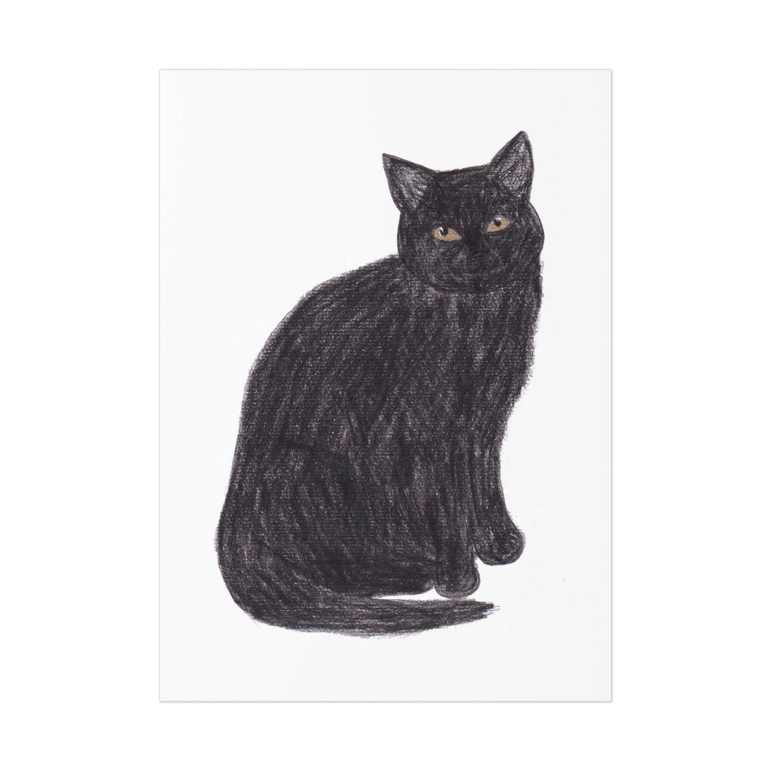 Black Cat Drawing Cute Cat Sitting Poster Black Kitty Lover Gift Black ...