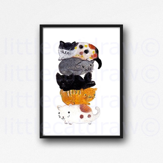 Cat Print Cat Stack Watercolor Painting Print Wall Art Cat | Etsy
