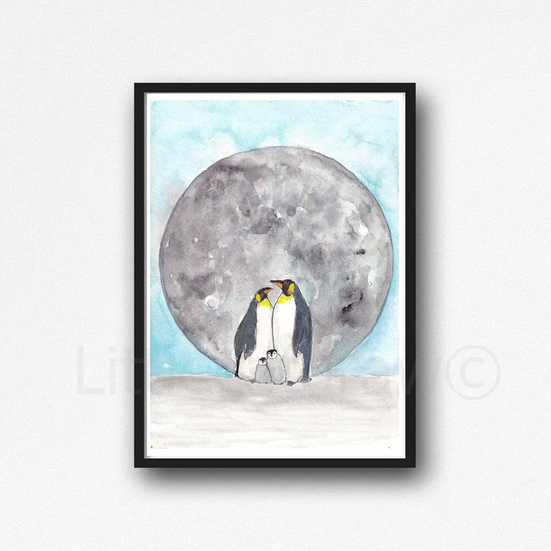 Penguins Under the Full Moon Poster Penguin Print Watercolour Penguins Penguin Lover Gift Moon ...