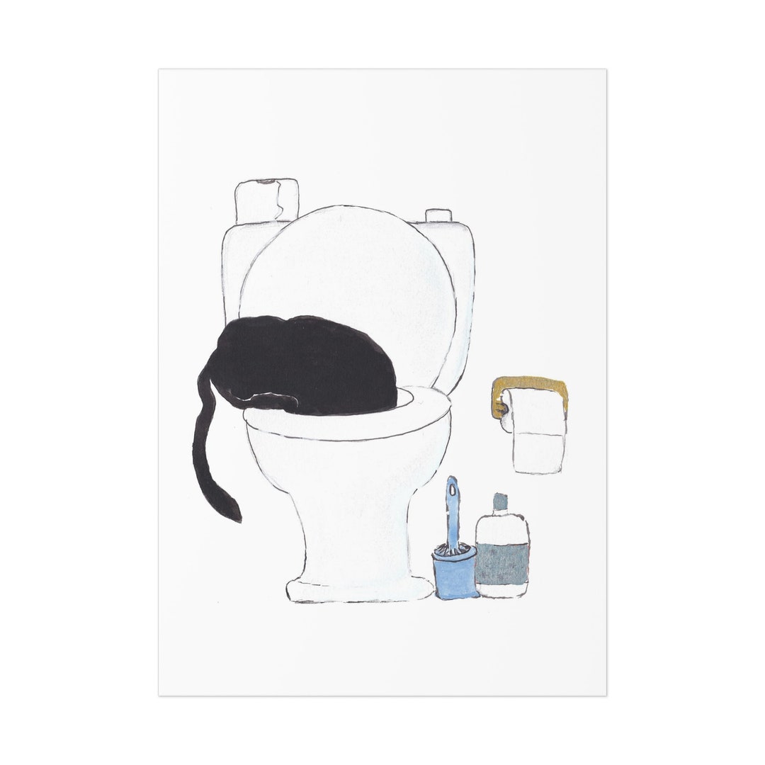 Black Cat Drinking From the Toilet Print Cat Watercolor Painting Black ...