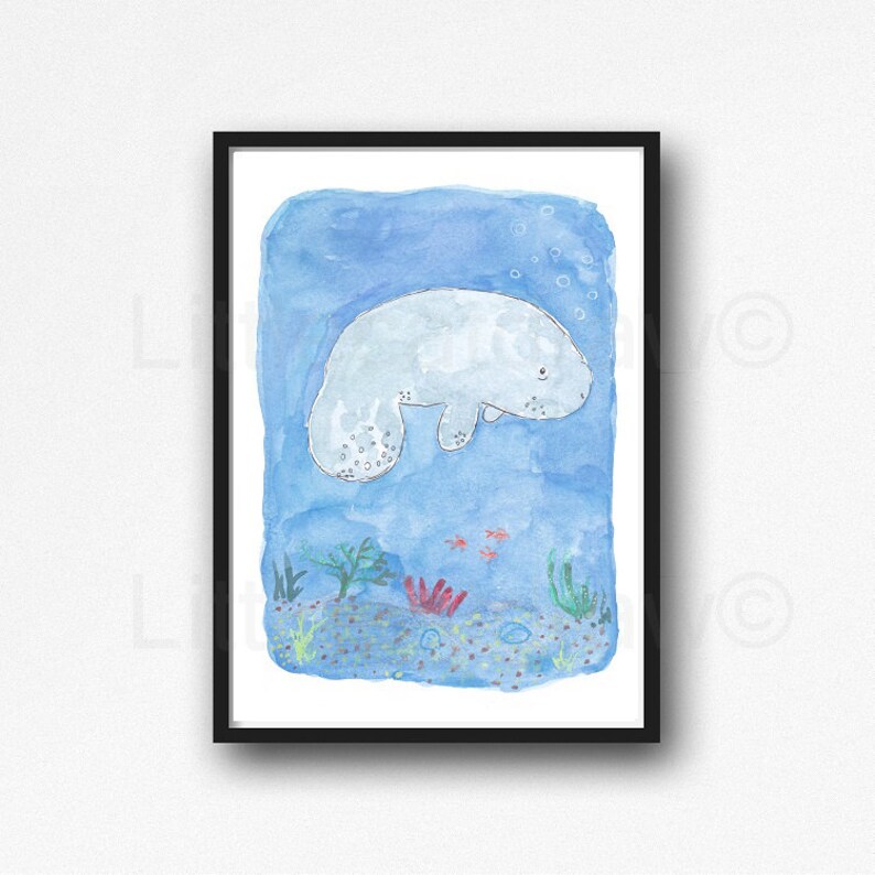 Manatee Print Manatee Under the Sea Watercolor Painting Print - Etsy