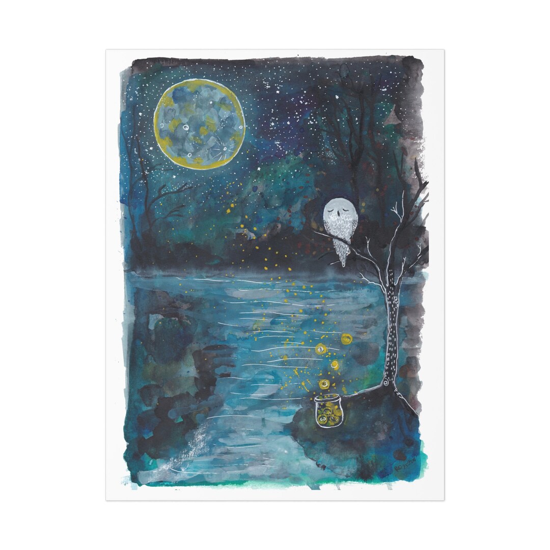 Firefly Print Painting Print Fireflies Night Moon River Owls Print Owl ...