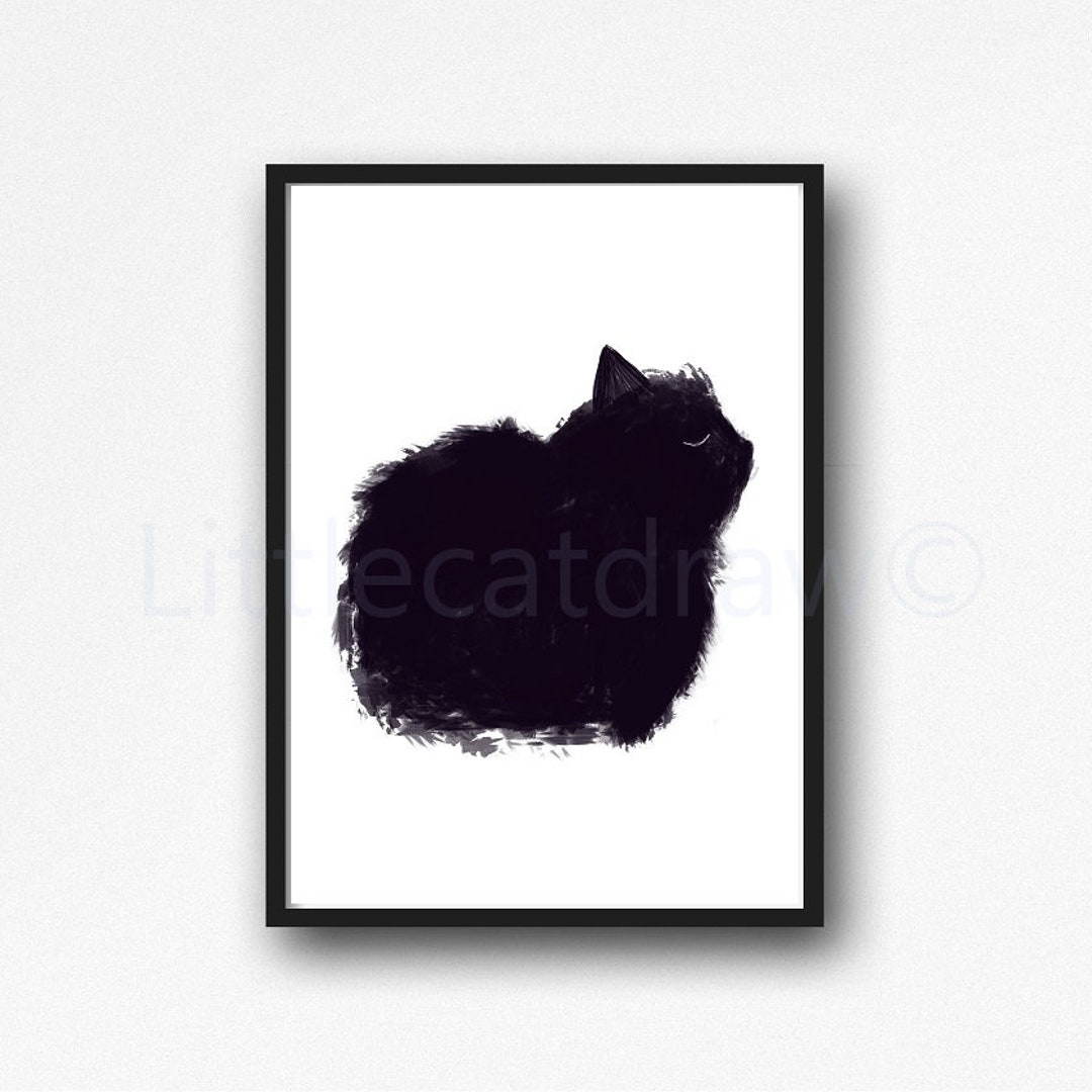 Fluffy Black Cat Loaf Print Painting of a Black Fluffy Cat Illustration ...