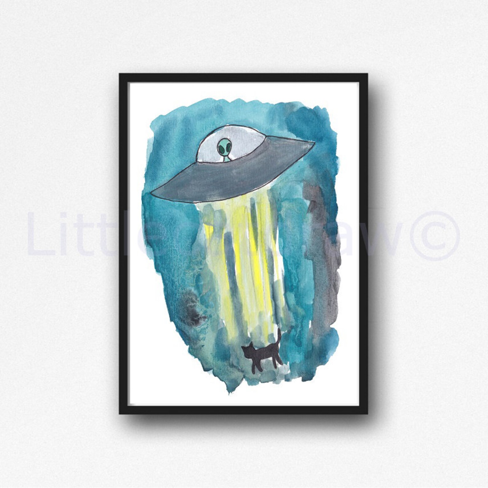 Alien Print Black Cat Alien Abduction Watercolor Painting - Etsy