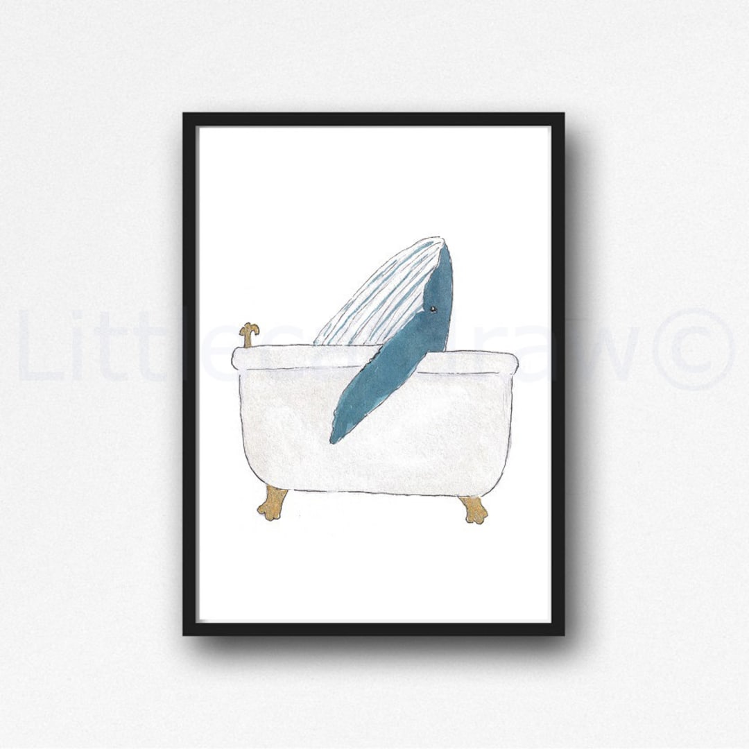 Whale in a Bathtub Print Watercolor Art Nautical Home Decor Bathroom ...