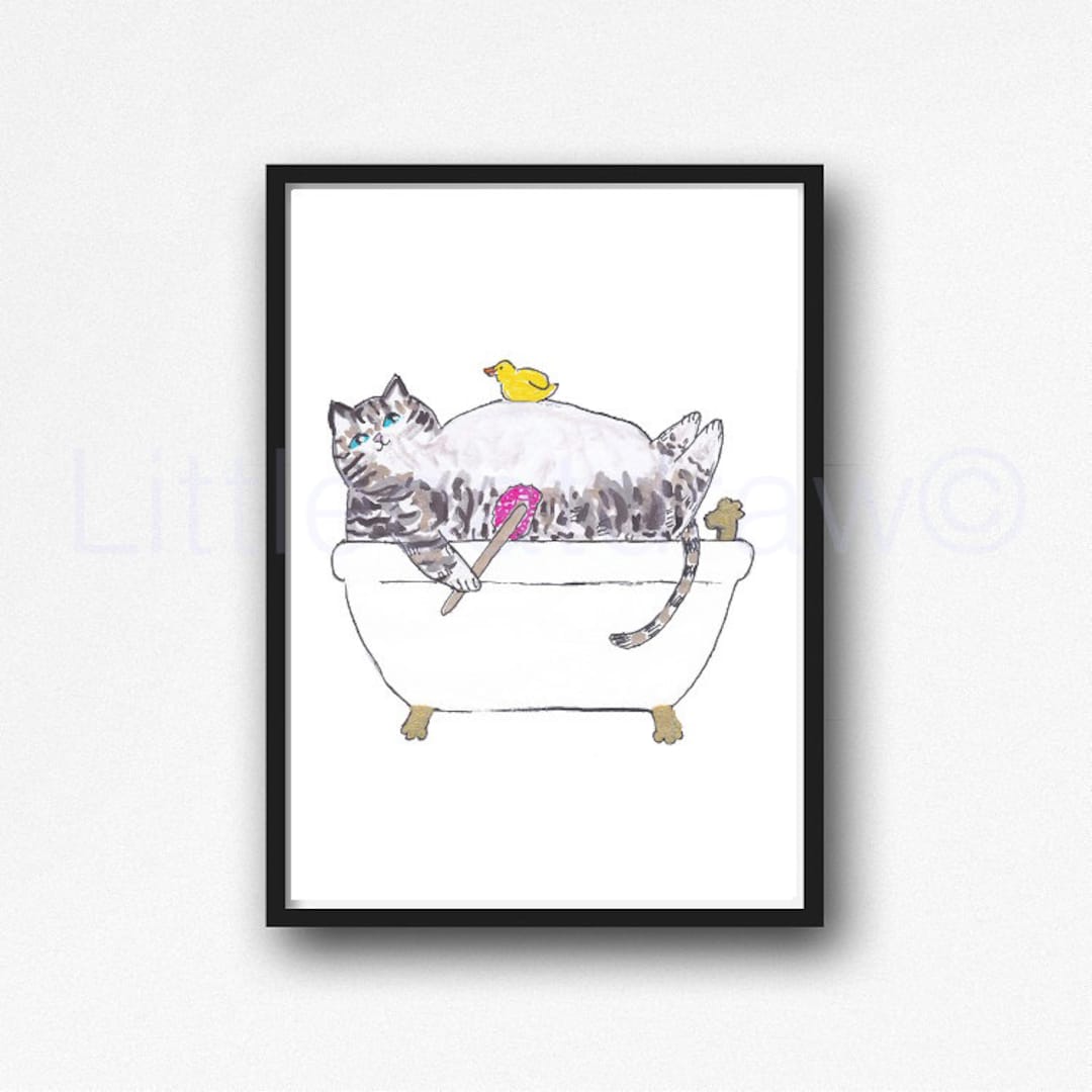 Fat Grey Tabby Cat Poster, Cat Print, Cat Bath Time, Tabby Cat Rubber ...