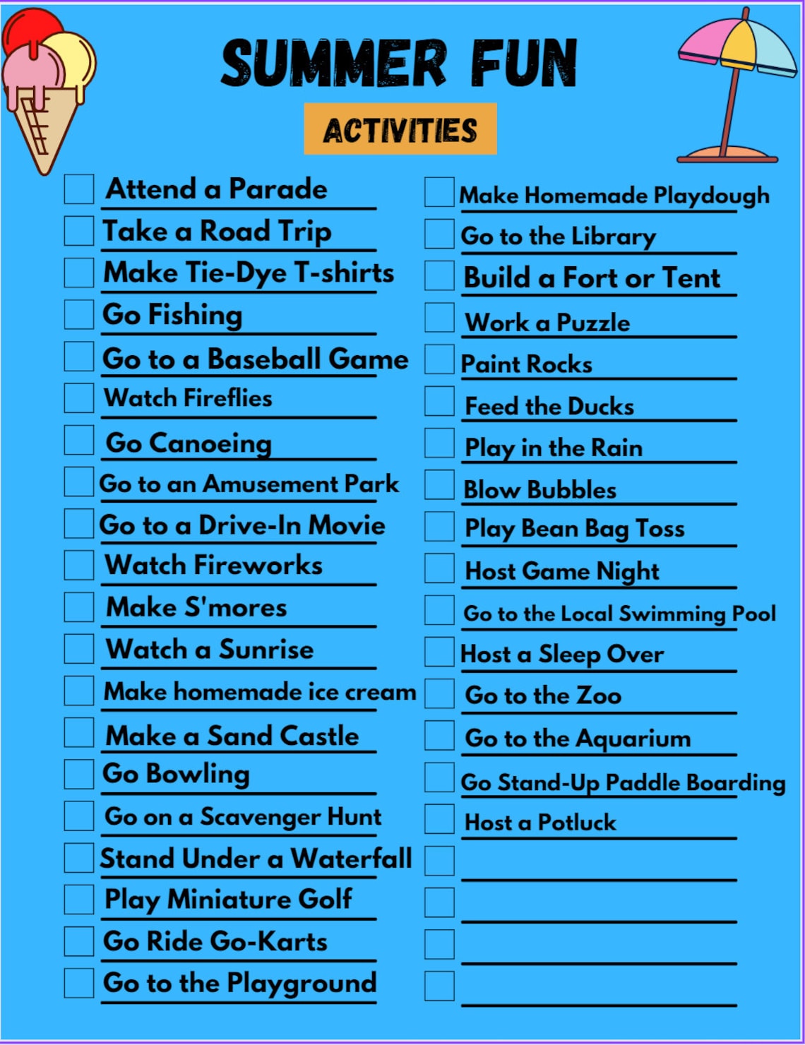 Editable Summer Fun Activities Checklist Movie List - Etsy