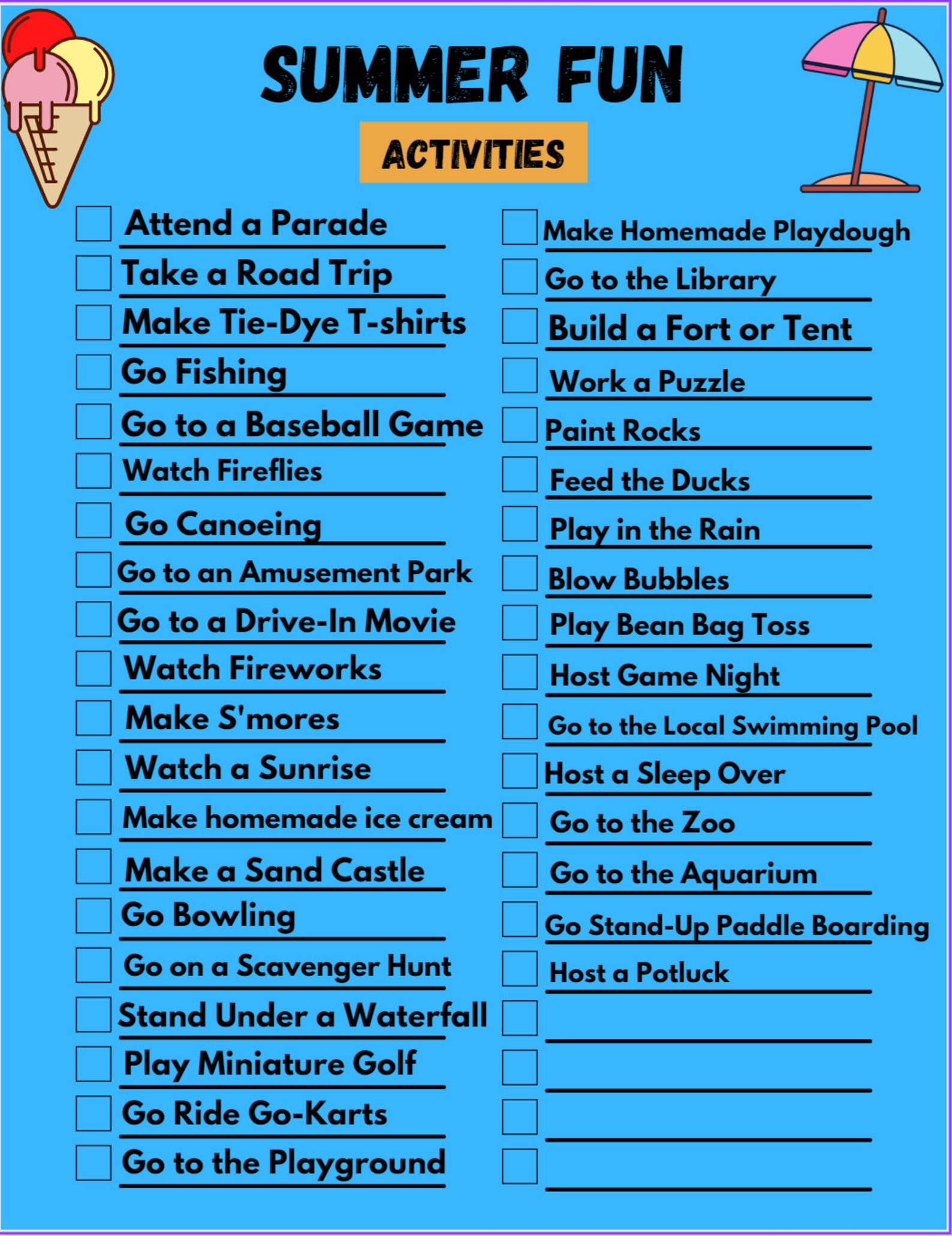 Editable Summer Fun Activities Checklist Movie List - Etsy