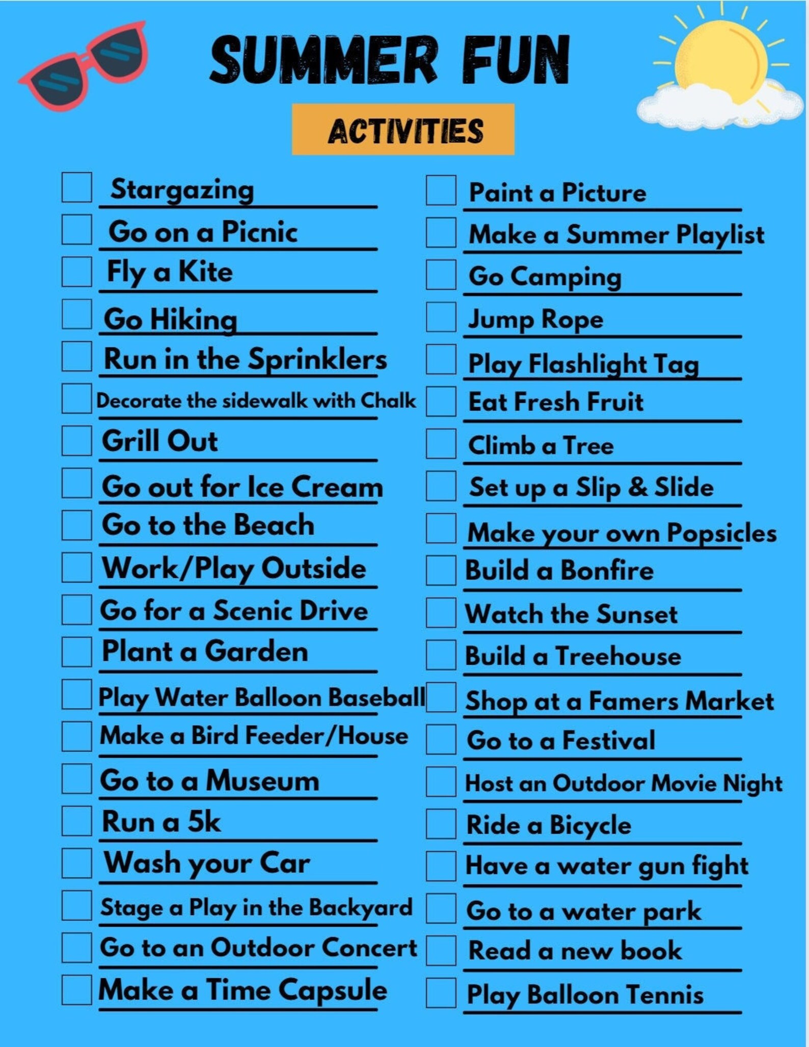 Editable Summer Fun Activities Checklist Movie List - Etsy
