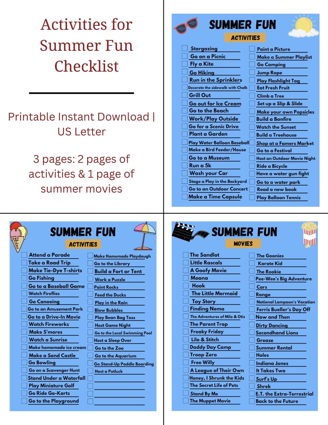 Editable Summer Fun Activities Checklist Movie List - Etsy