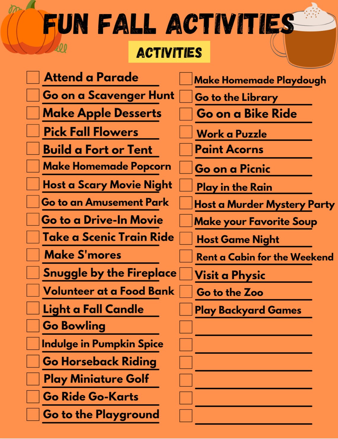 Editable Fall Fun Activities Checklist Movie List Outdoor - Etsy
