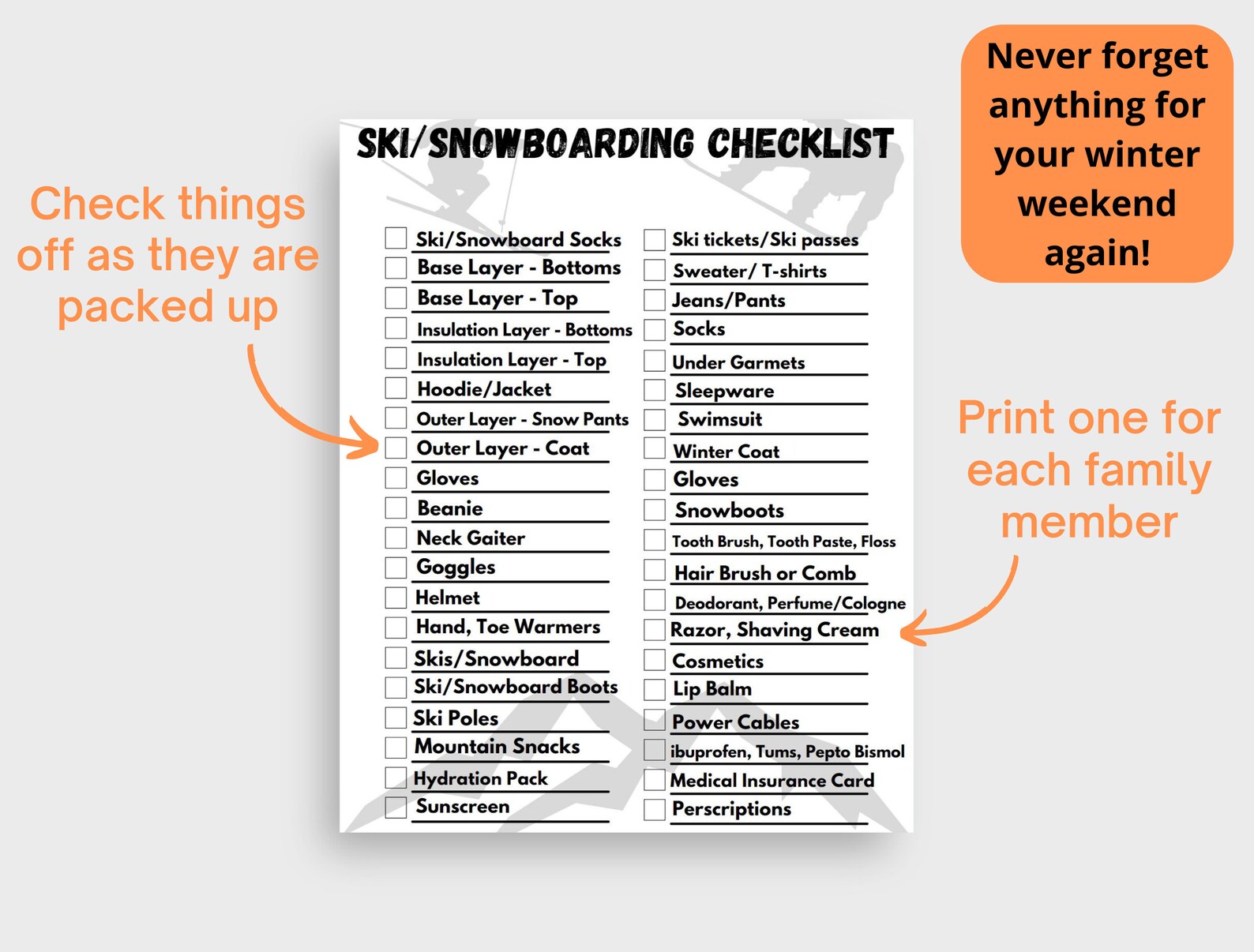 Editable Ski/snowboarding Checklist | Ski Weekend Planner | Mountains ...