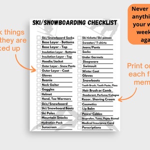 Editable Ski/snowboarding Checklist | Ski Weekend Planner | Mountains ...