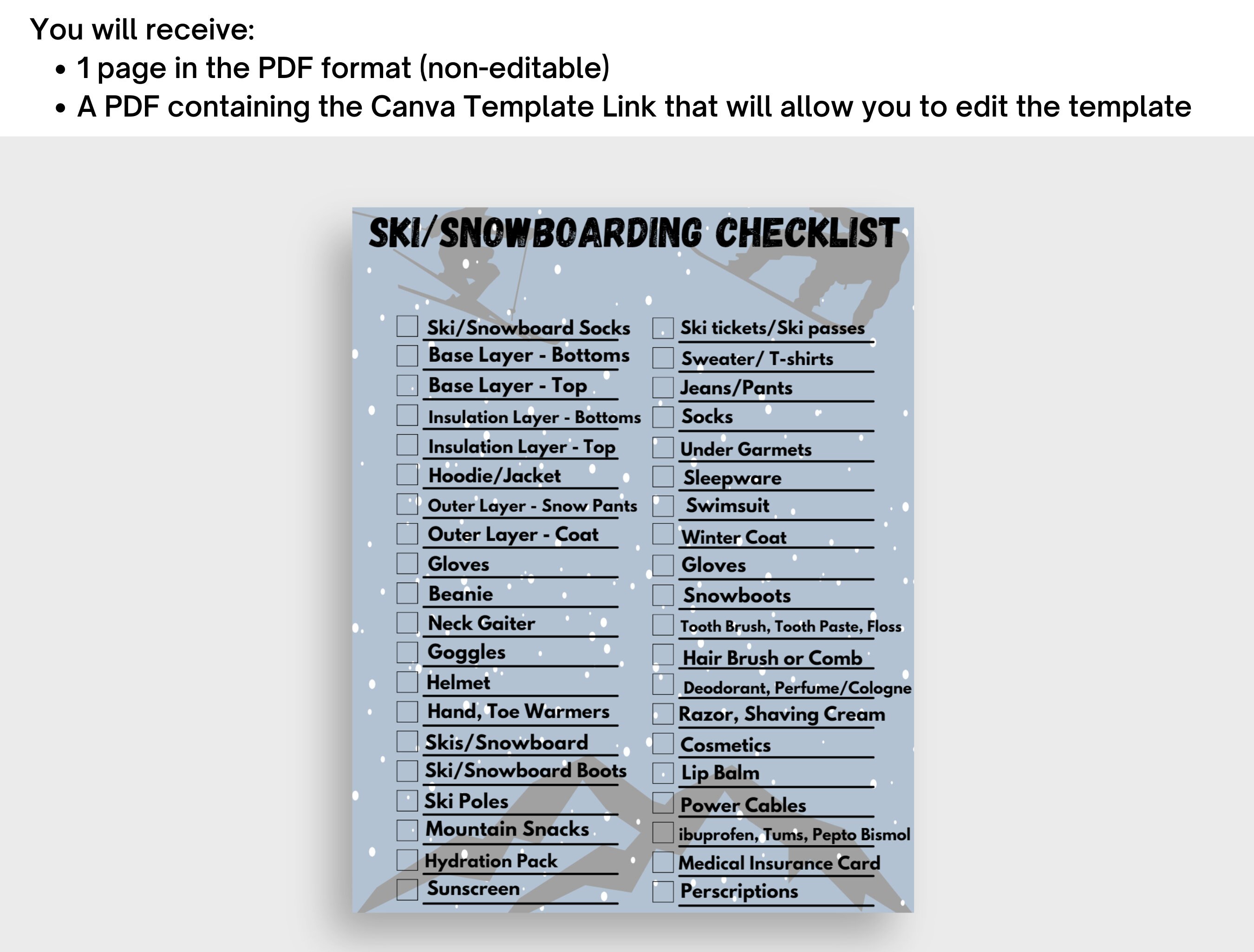 Editable Ski/snowboarding Checklist | Ski Weekend Planner | Mountains ...