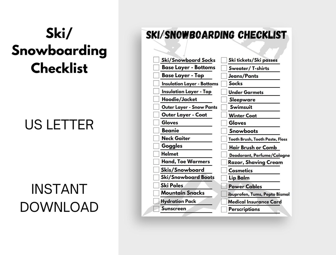 Editable Ski/snowboarding Checklist | Ski Weekend Planner | Mountains ...
