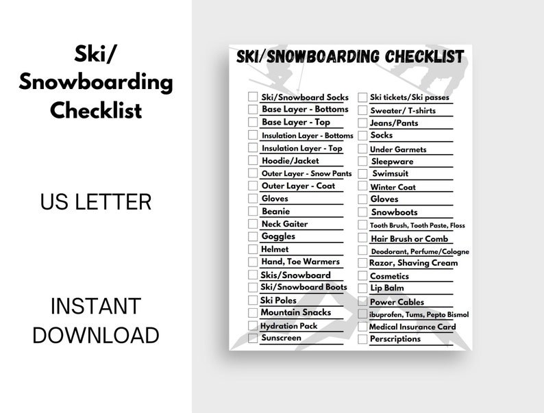 Editable Ski/snowboarding Checklist | Ski Weekend Planner | Mountains ...
