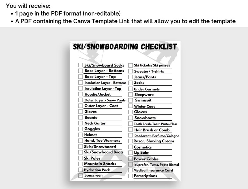 Editable Ski/snowboarding Checklist | Ski Weekend Planner | Mountains ...