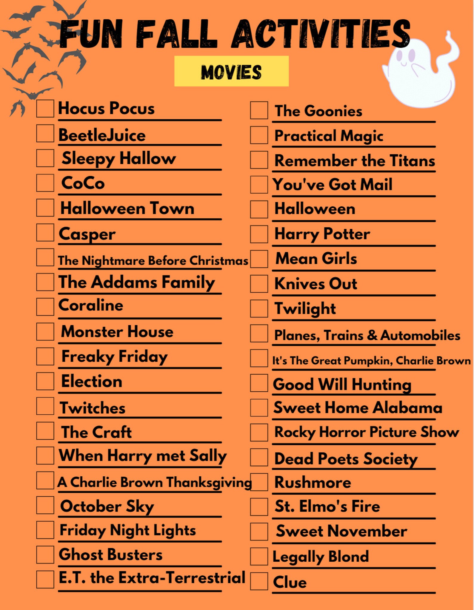 Editable Fall Fun Activities Checklist Movie List Outdoor - Etsy