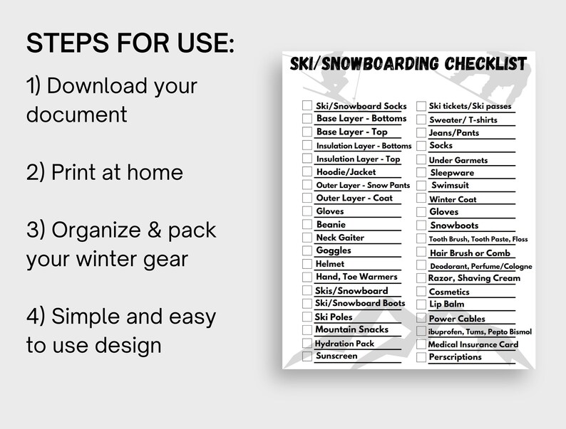 Editable Ski/snowboarding Checklist | Ski Weekend Planner | Mountains ...