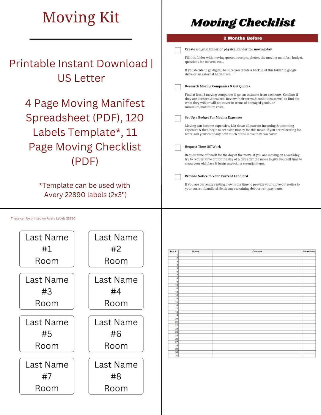 Printable Moving Kit | Moving Planner | Moving Checklist | Relocation ...