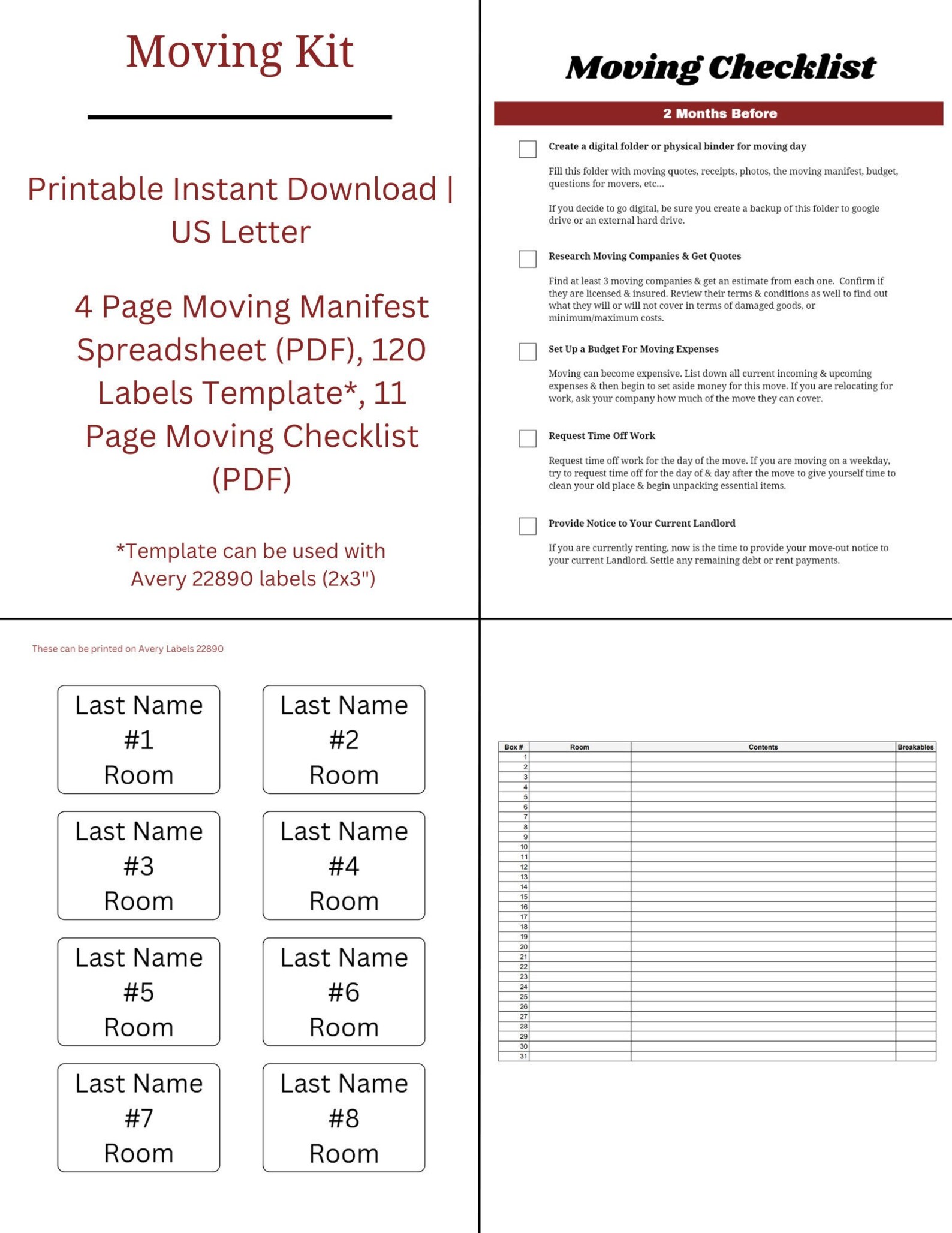 Printable Moving Kit | Moving Planner | Moving Checklist | Relocation ...