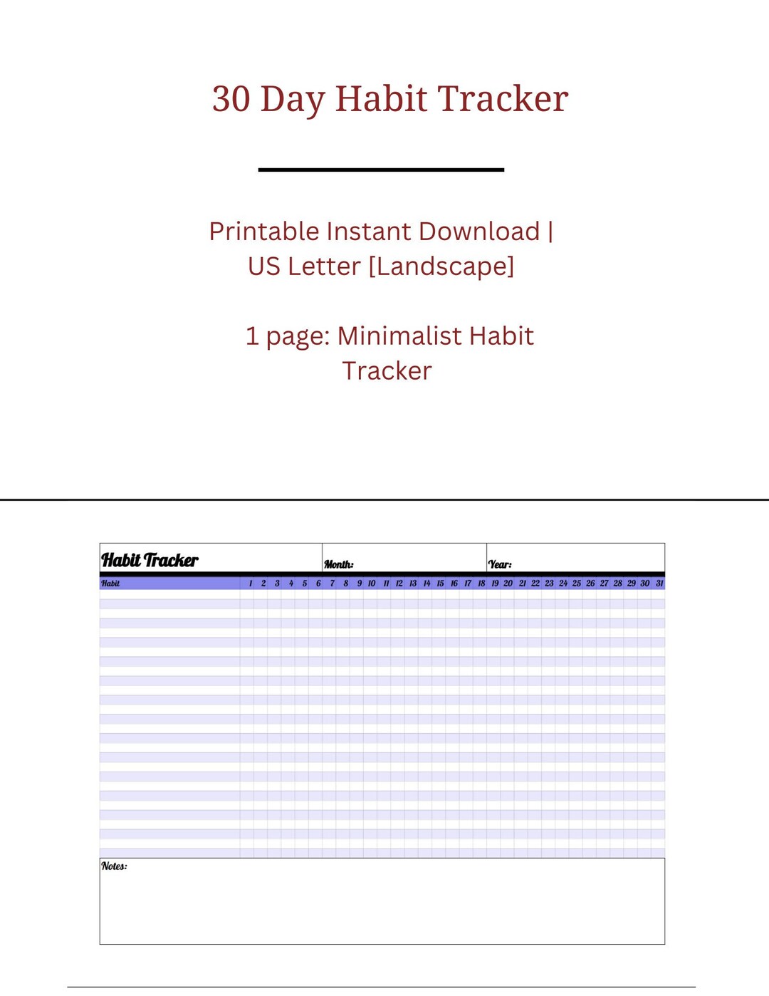 Printable Monthly Habit Tracker | Goal Tracker | Minimalist | 30 Day ...