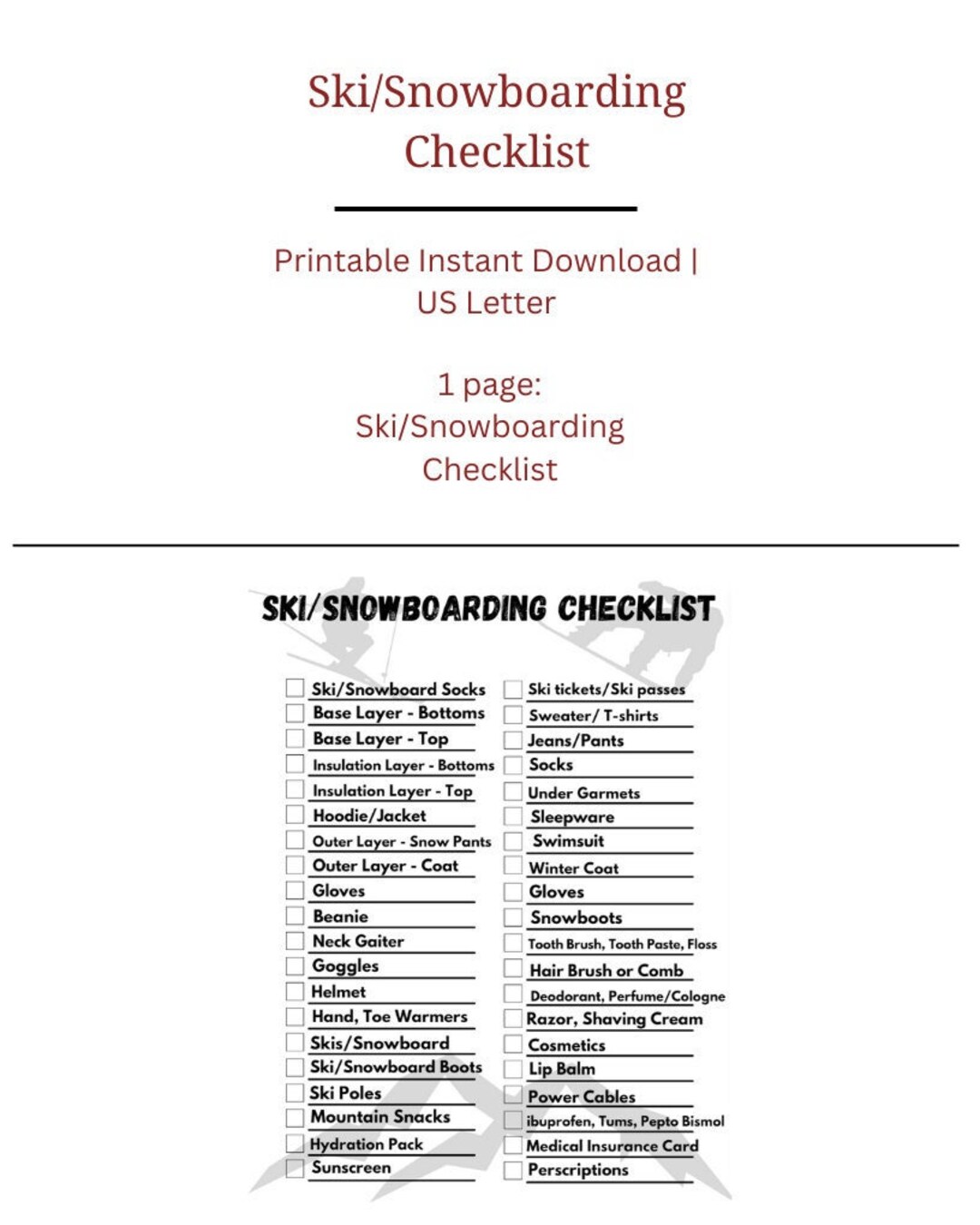 Editable Ski/snowboarding Checklist Ski Weekend Planner - Etsy
