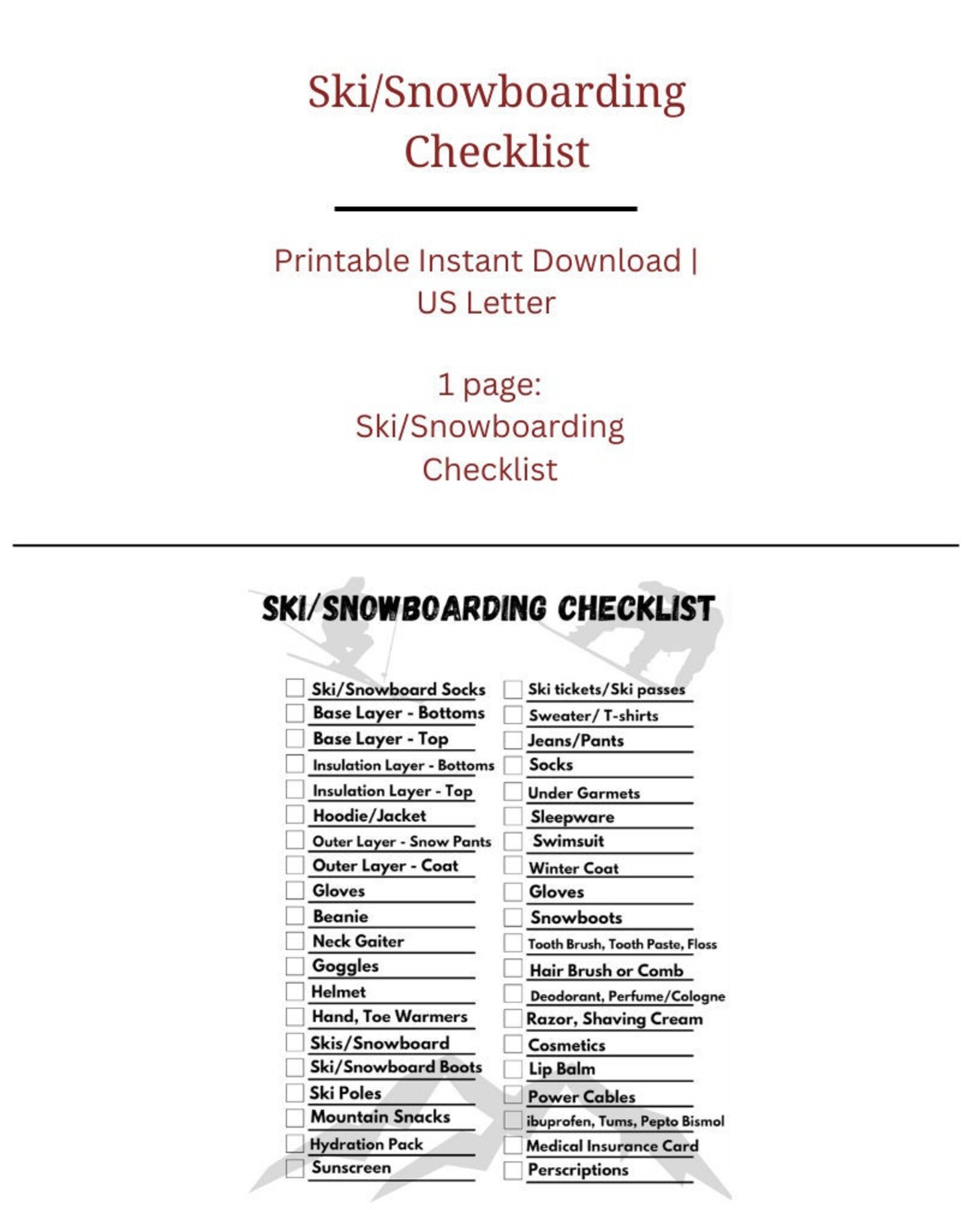 Editable Ski/snowboarding Checklist Ski Weekend Planner - Etsy